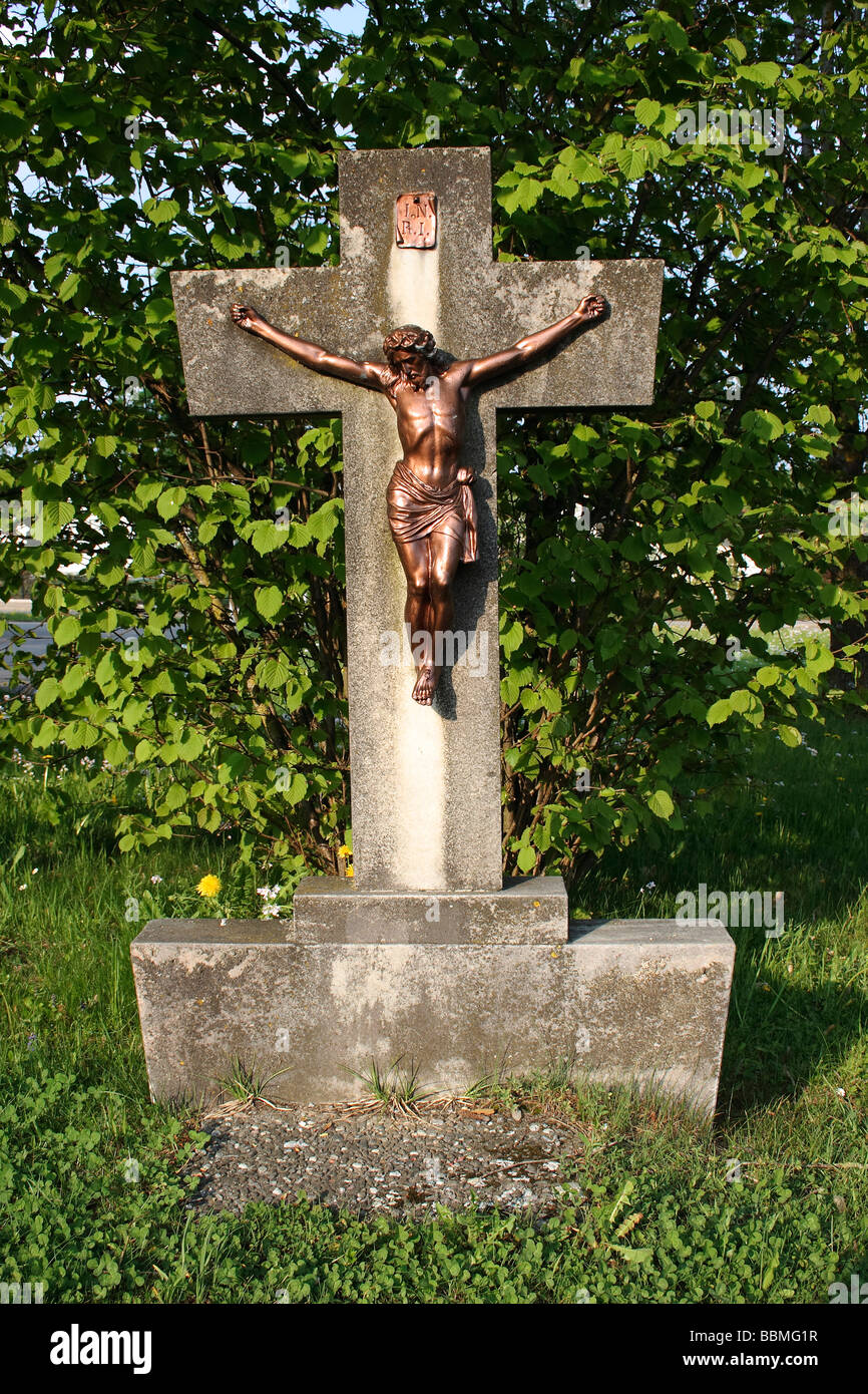 Jesus Christ on the cross, cross in the field, Upper Swabia, Germany ...
