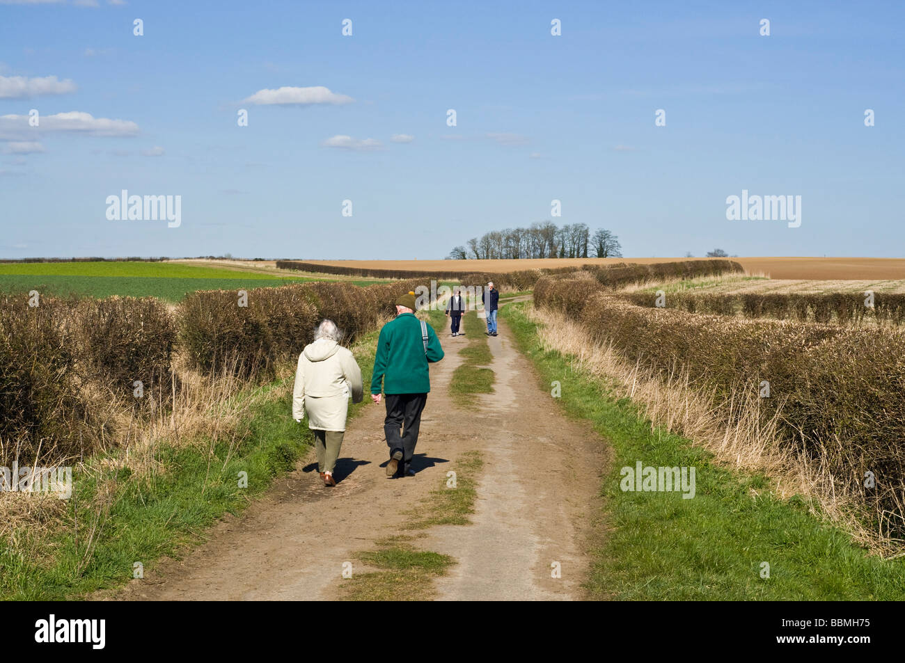 dh WALKING HOBBY People strolling along West Yorkshire field footpath ...