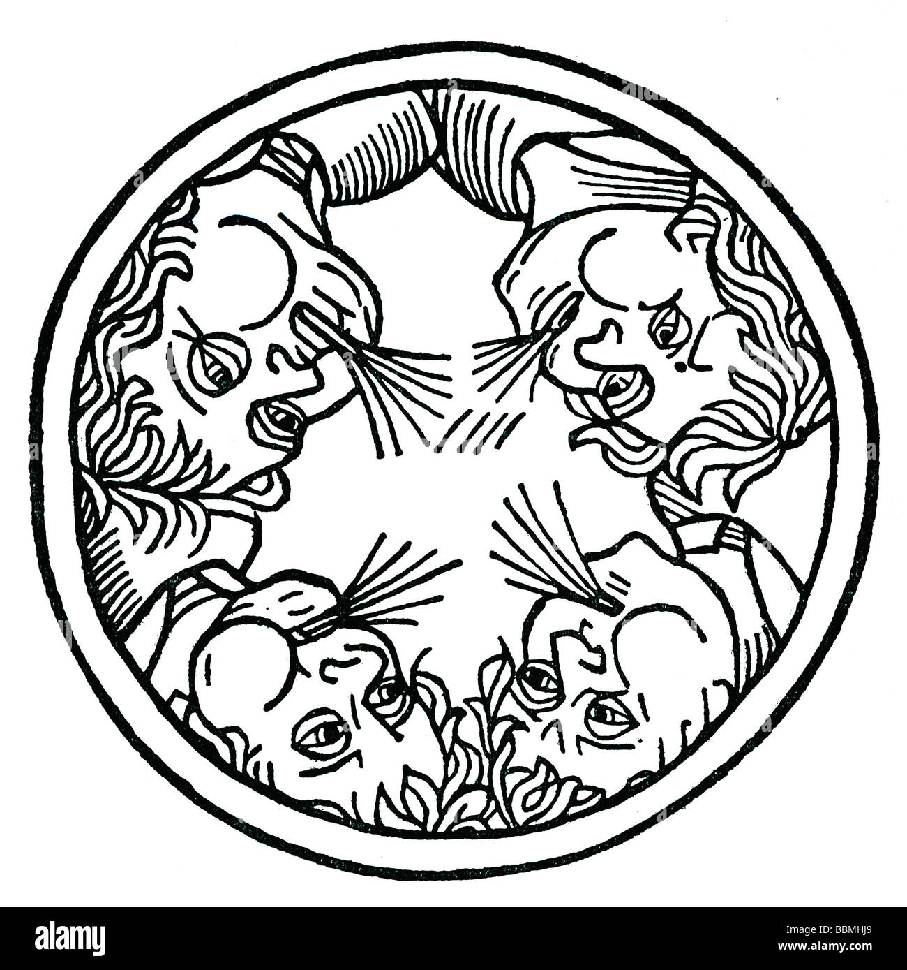 Four winds from four directions, wood carving from medieval times Stock ...