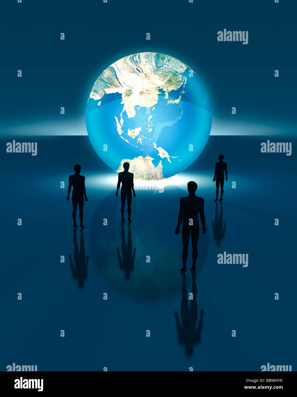 Figurines of people with illuminated globe Stock Photo - Alamy