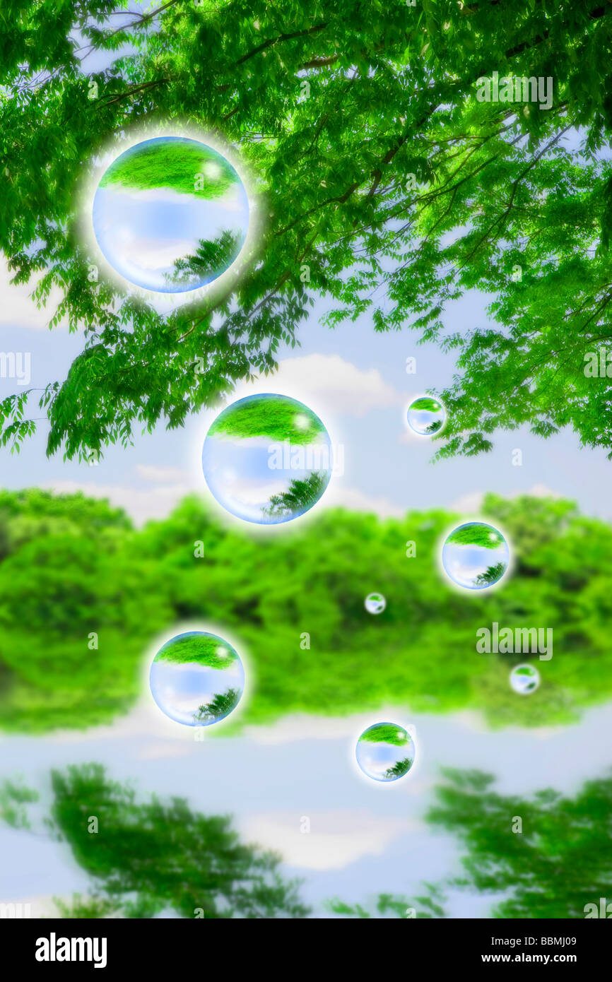 Reflection of trees on bubbles Stock Photo - Alamy