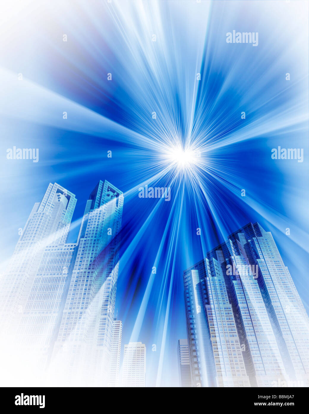 Skyscrapers with bright light rays, low angle view Stock Photo - Alamy