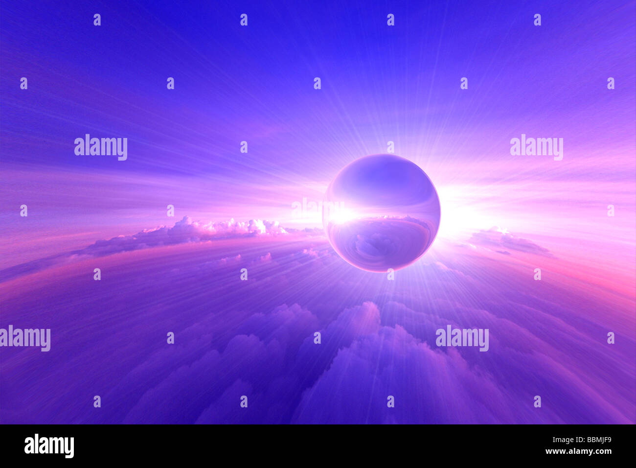 Sphere over clouds with light beam in background (Digital Composite ...