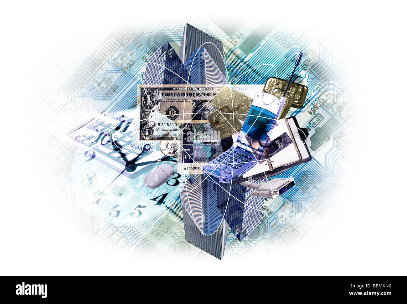 View of currency and electronic devices (digital composite Stock Photo ...
