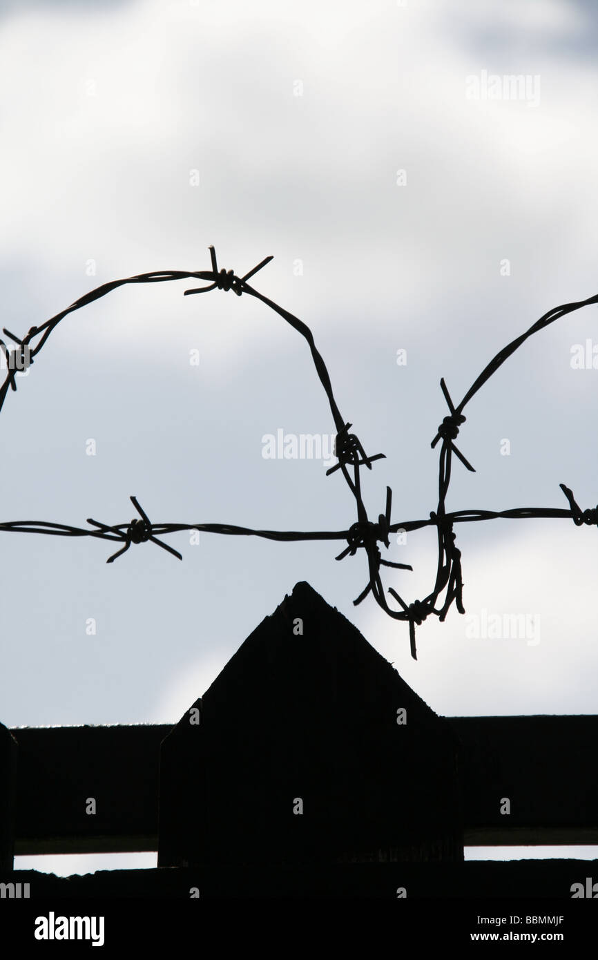 dark high wall fence with barbed wire outdoors Stock Photo - Alamy
