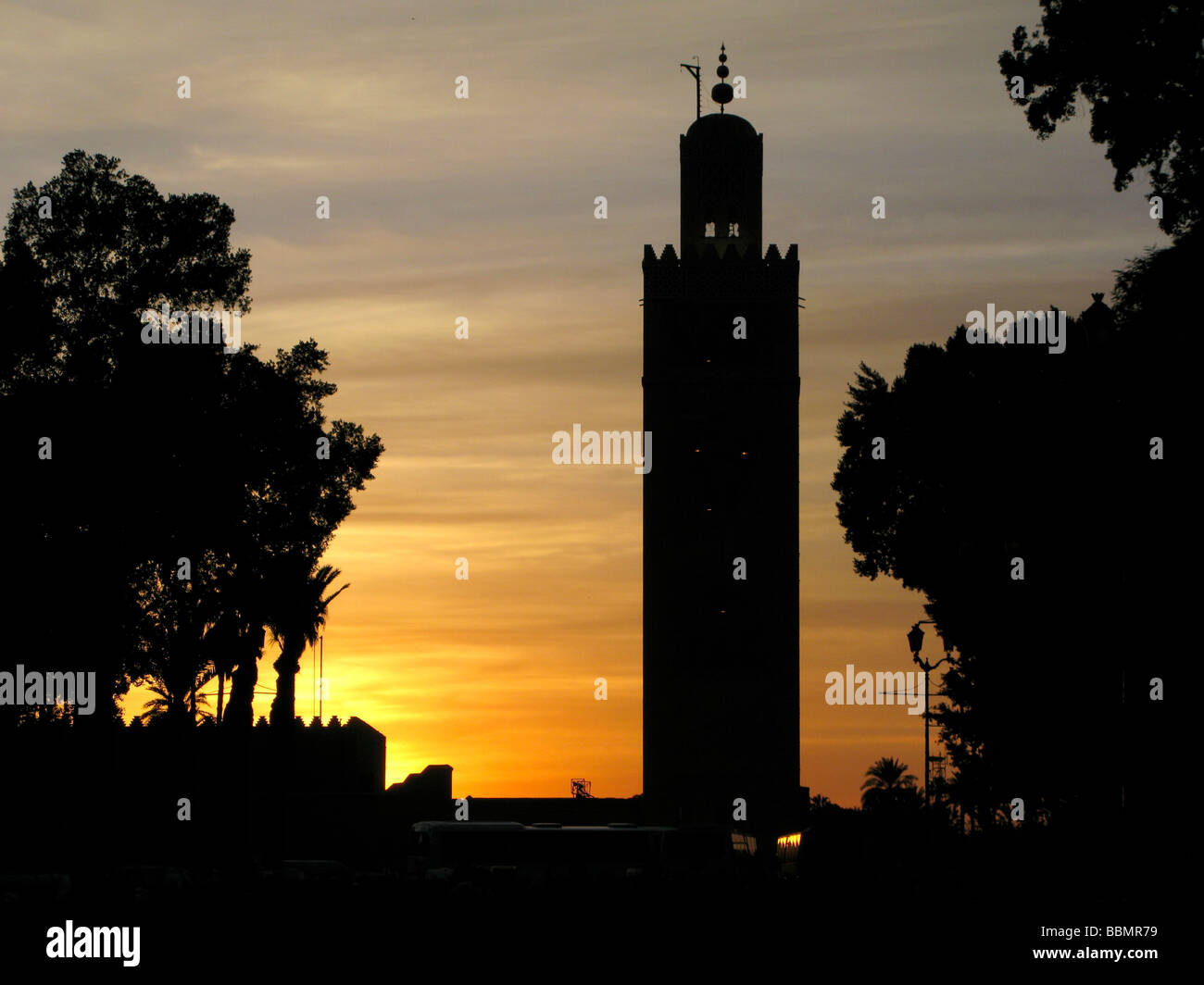 Silhouette of mosque tower Marrakech Morocco Stock Photo - Alamy