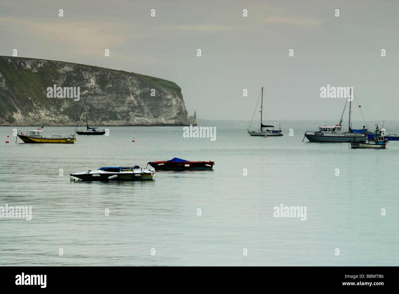 Boats and small yachts moored in Swanage bay Dorset England UK Stock ...
