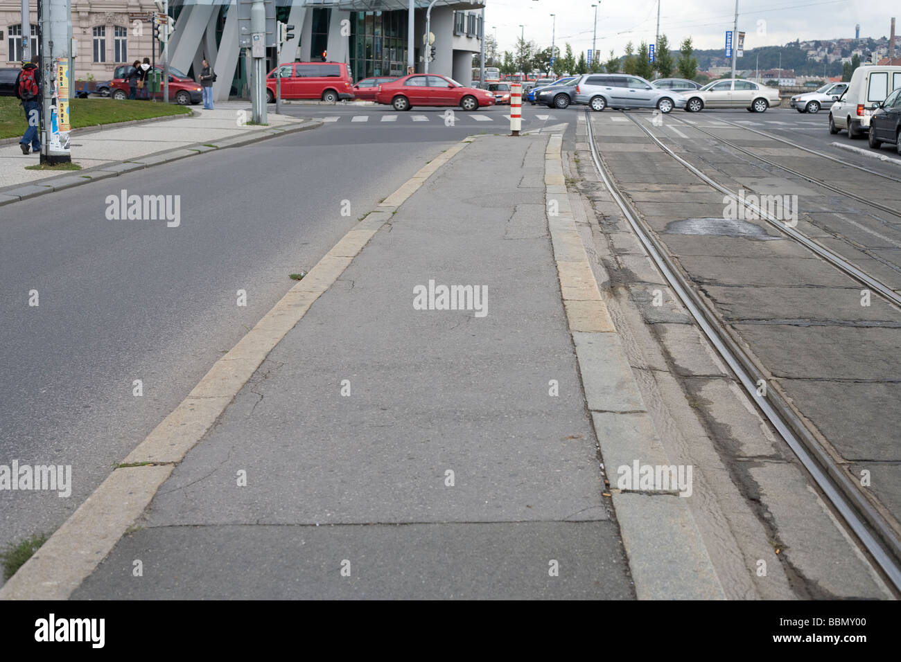 Lines showing sidewalk and train tracks in the centre of Prague, Czech ...