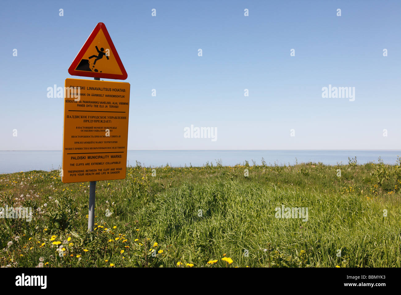 warning sign cliff drop off at the beach of Paldiski, Baltic Coast ...