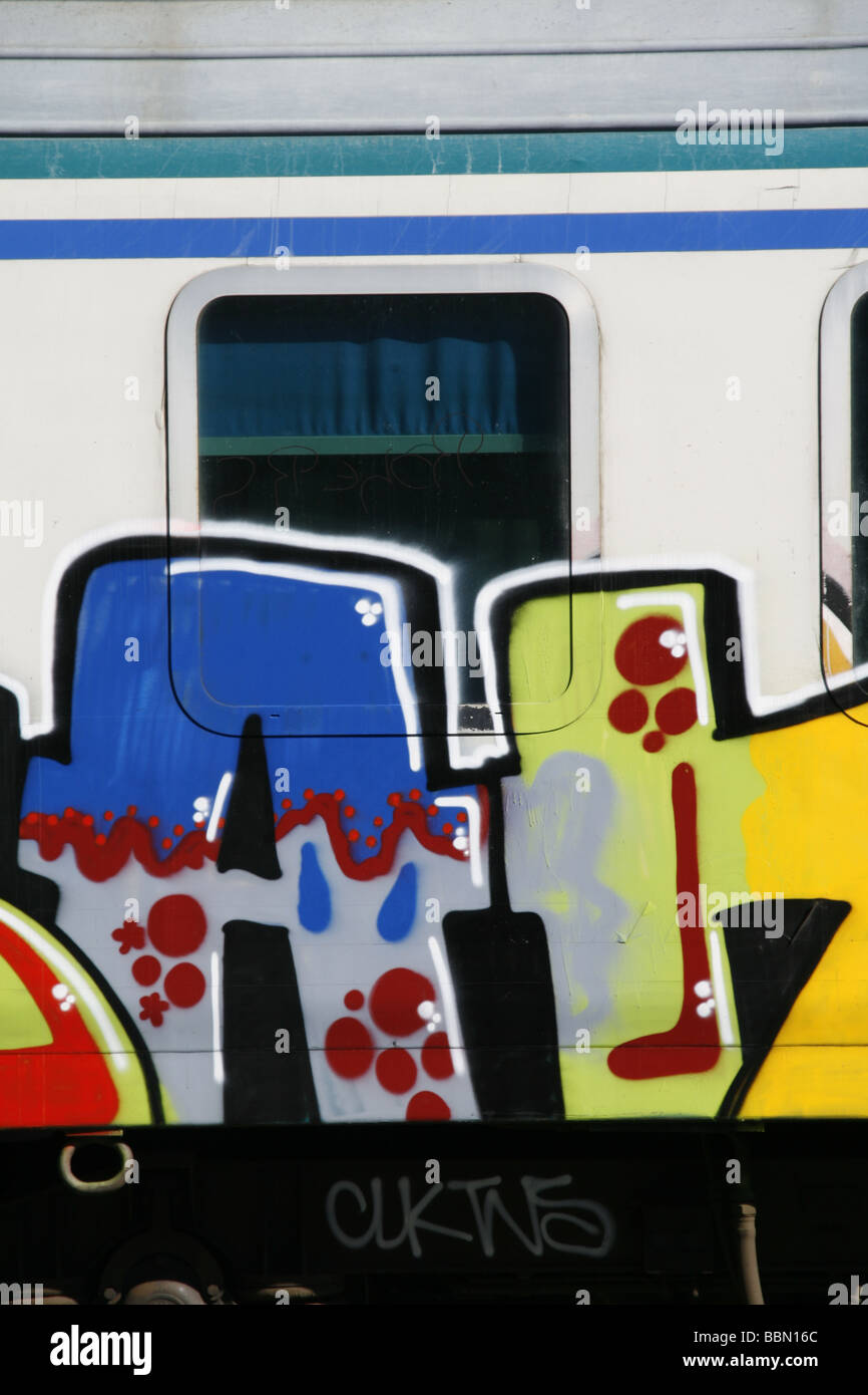 train carriage and doors covered with graffiti Stock Photo - Alamy