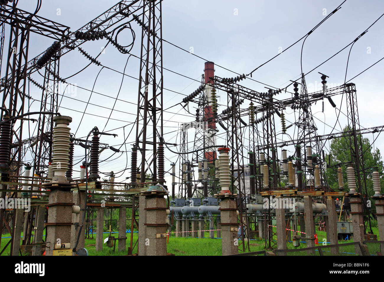 Electric power line substation Stock Photo - Alamy