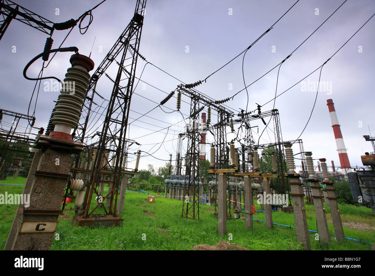 Electric power line substation Stock Photo - Alamy