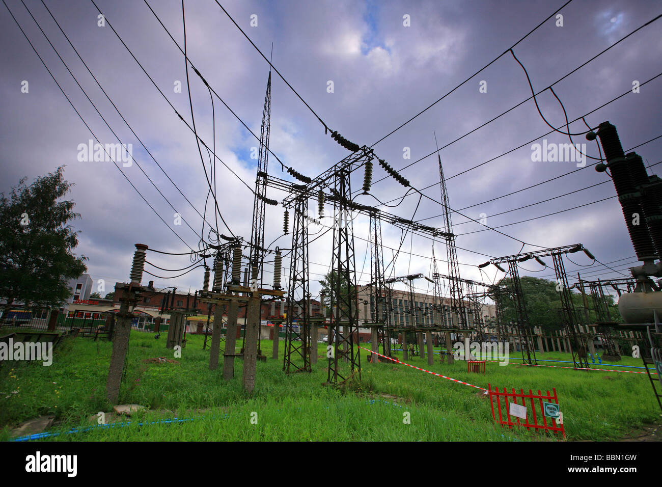 Electric power line substation Stock Photo - Alamy