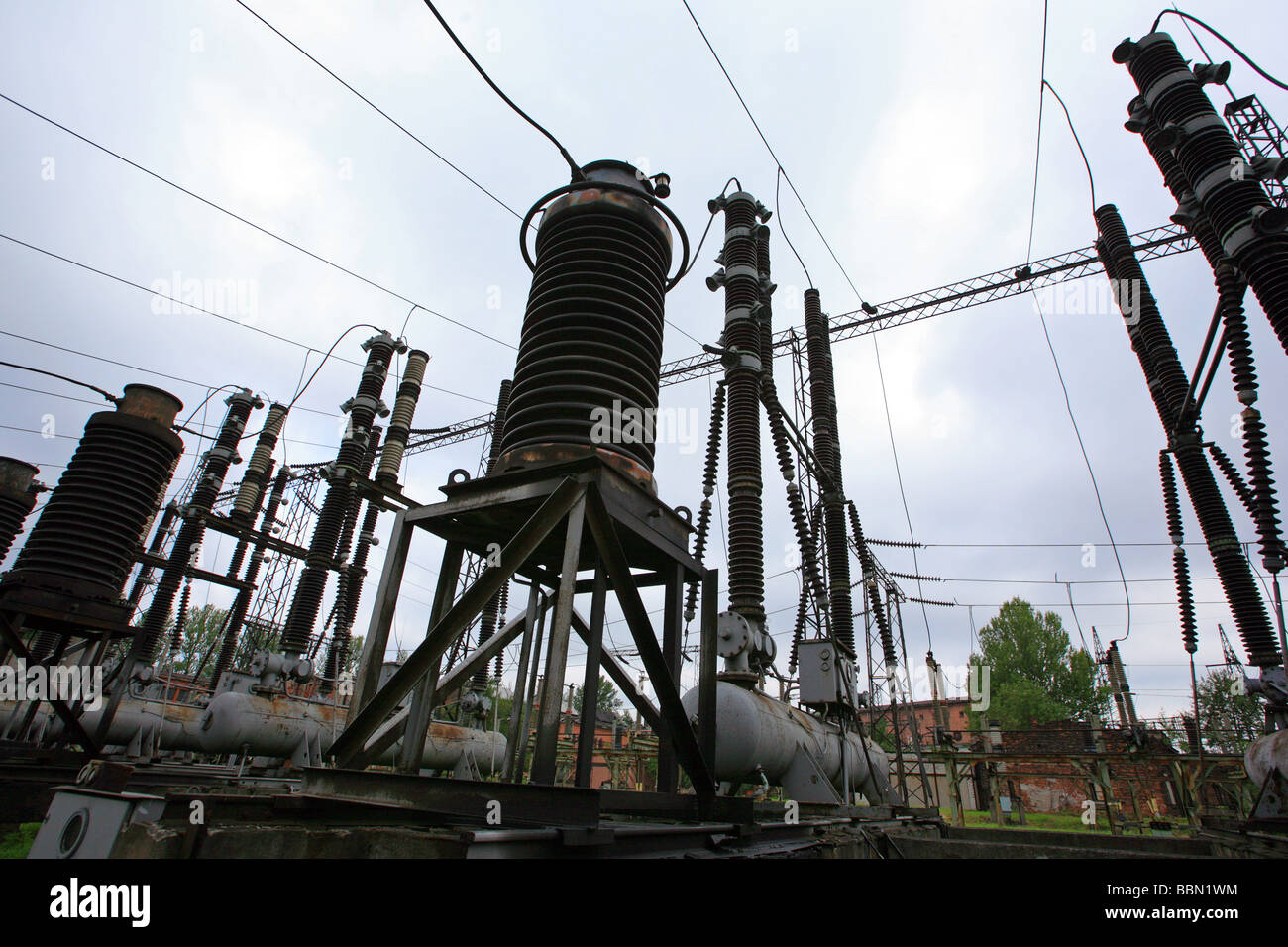Electric power line substation Stock Photo - Alamy