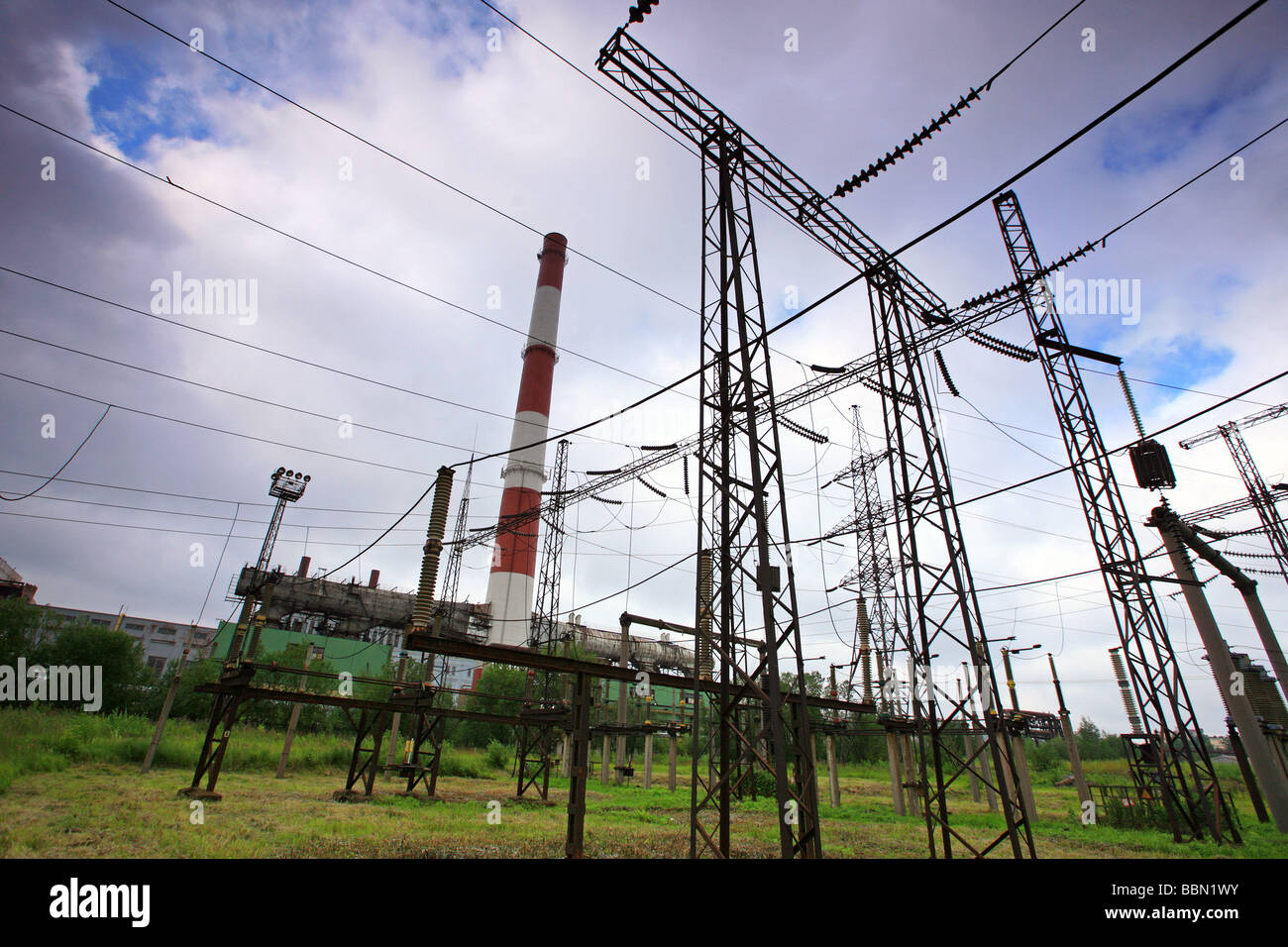 Electric power line substation Stock Photo - Alamy