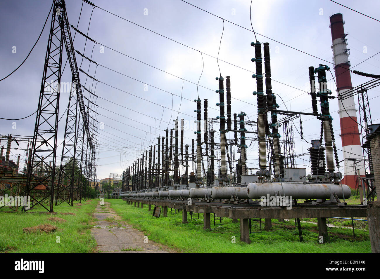 Electric power line substation Stock Photo - Alamy