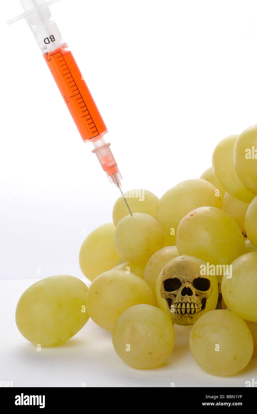 Syringe in grapes, symbolic image for genetically modified foods Stock ...
