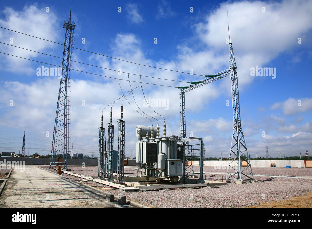 Electric power line substation Stock Photo - Alamy
