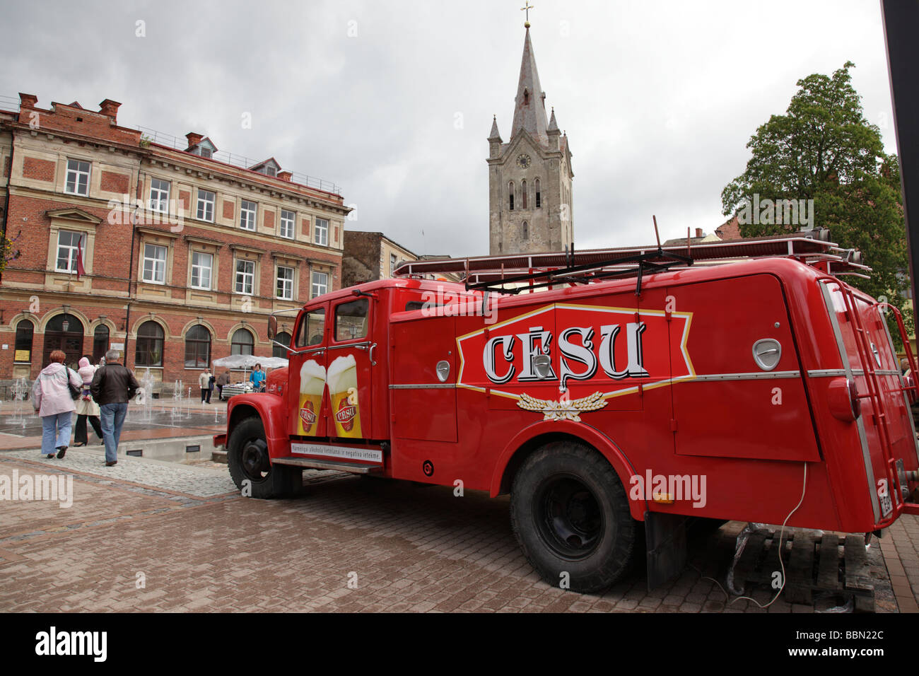 town square of Cesis, famous Cesu beer promotion truck, Latvia, Baltic ...