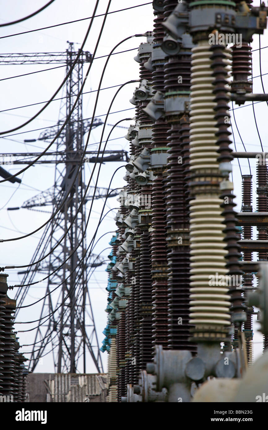 Electric power line substation Stock Photo - Alamy