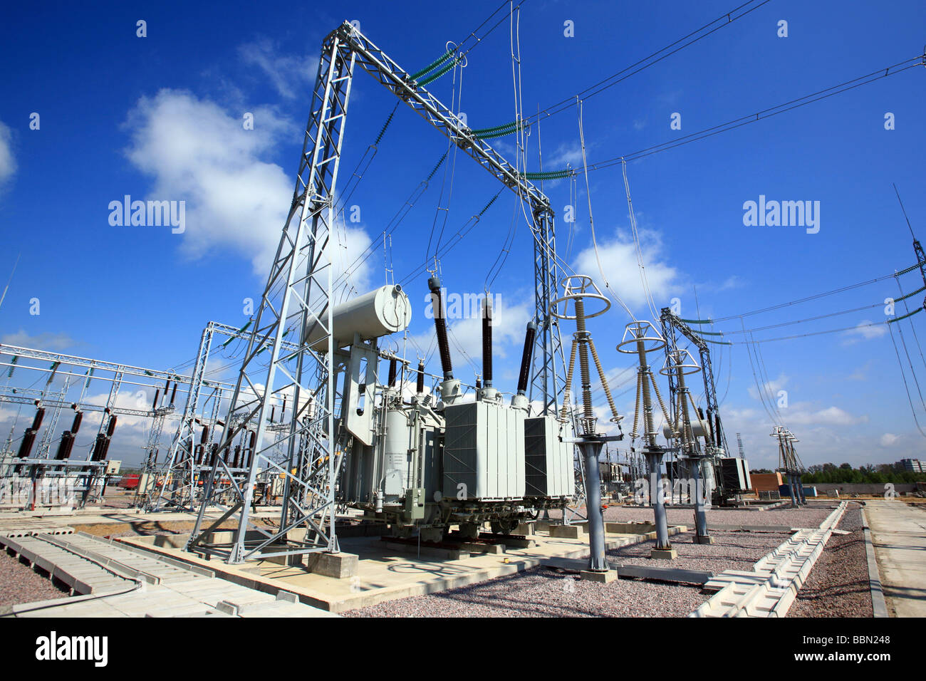 Electric power line substation Stock Photo - Alamy