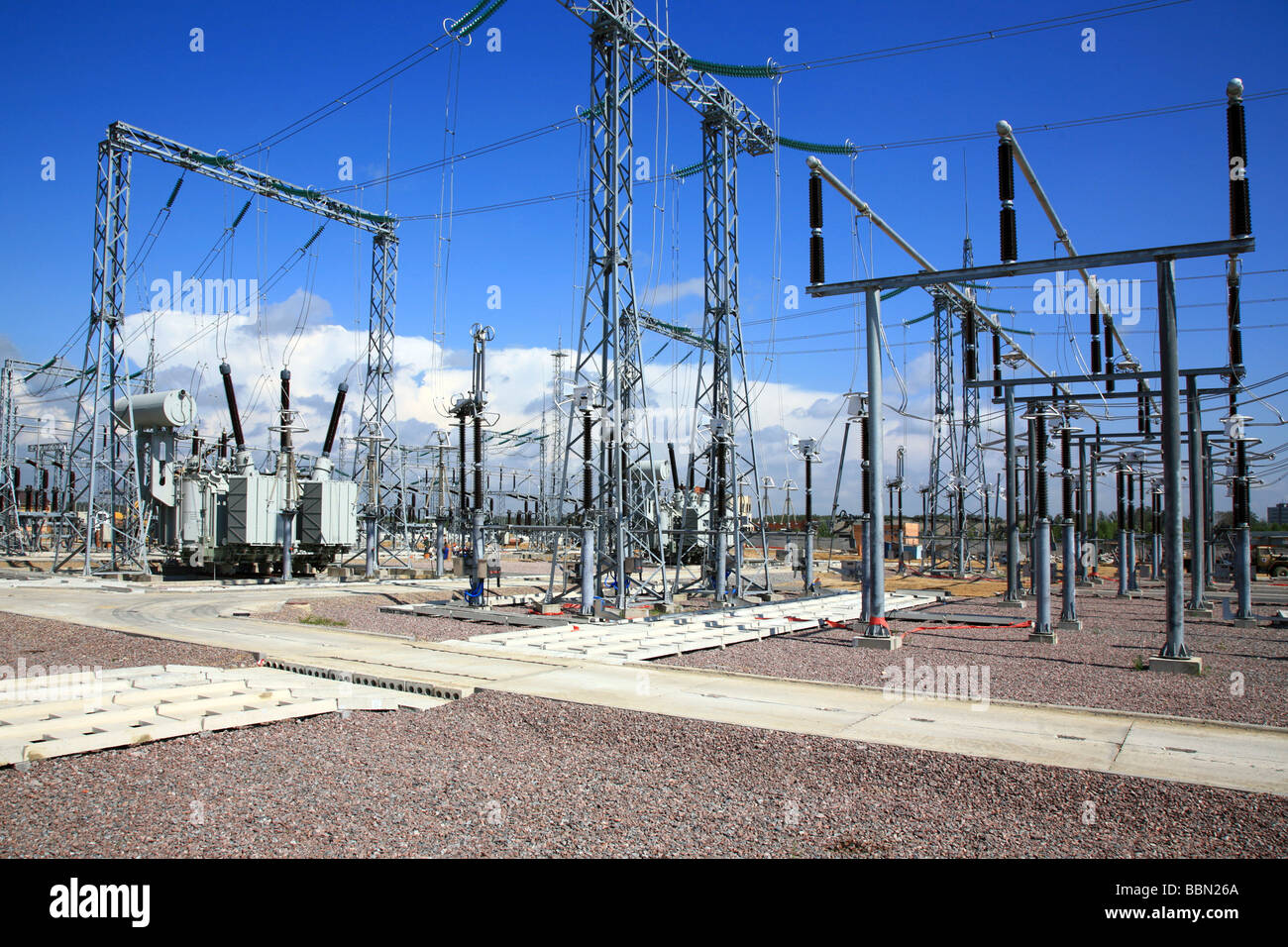 Electric power line substation Stock Photo - Alamy
