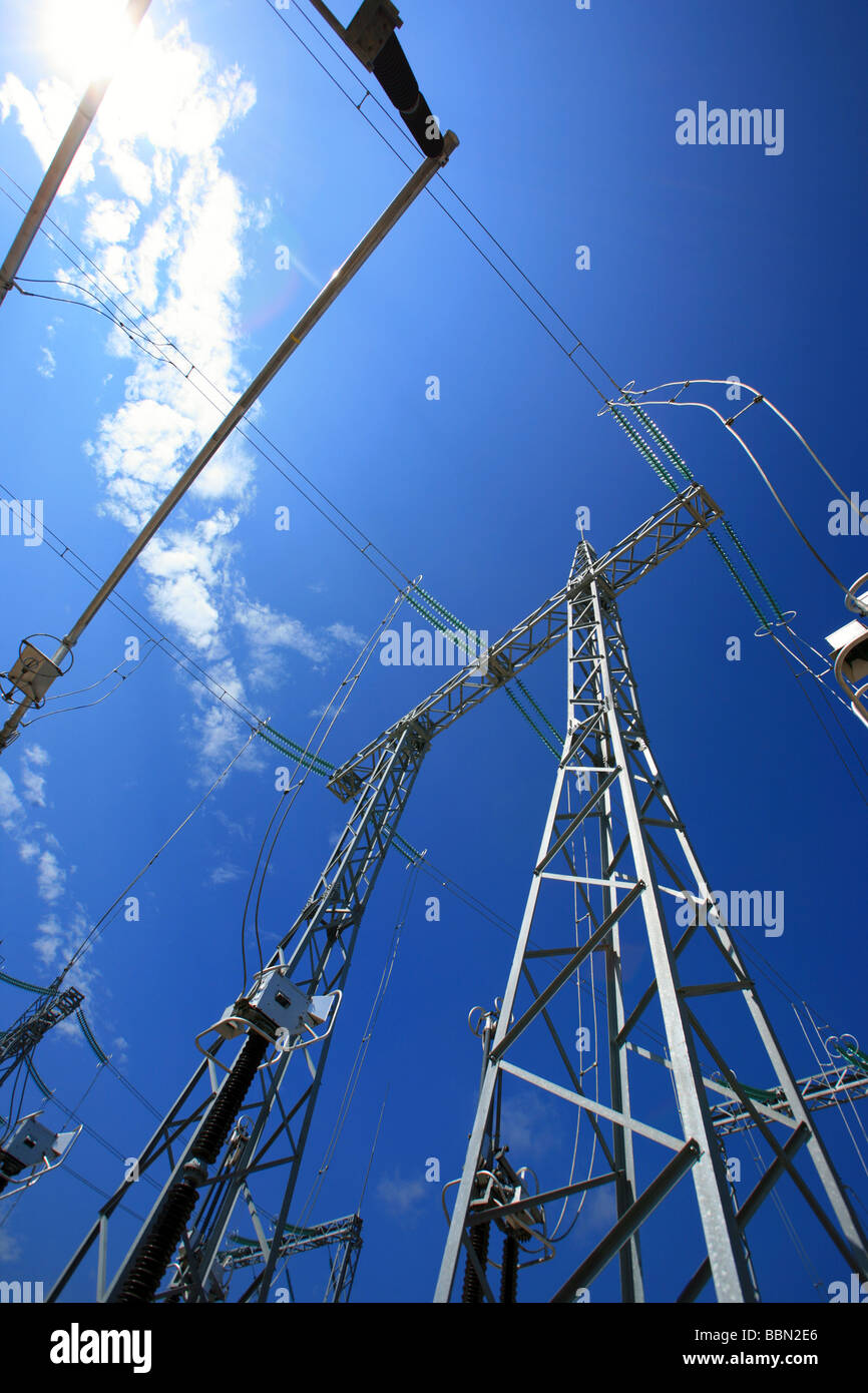 Powerline towards blue sky Stock Photo - Alamy