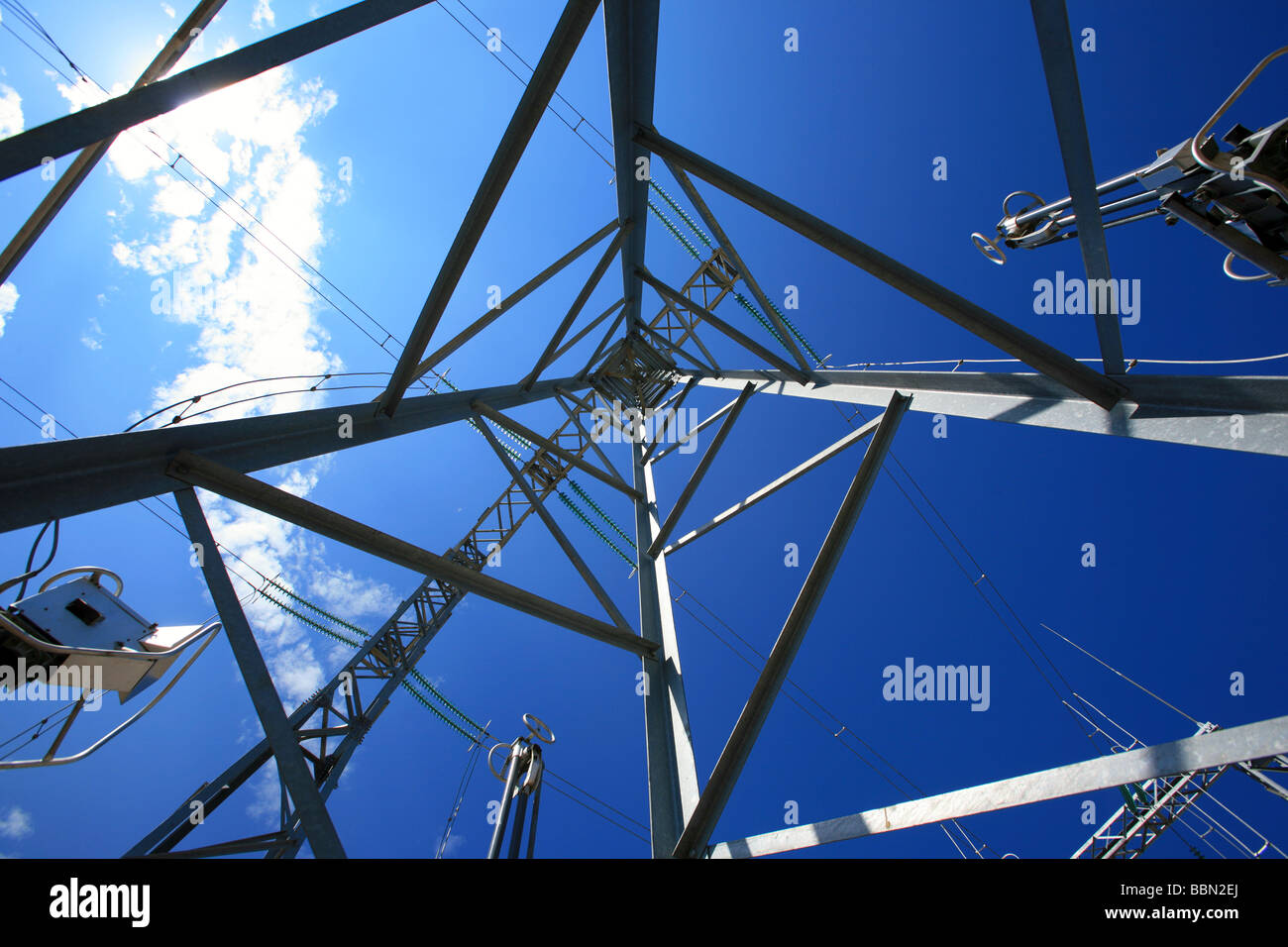 Powerline towards blue sky Stock Photo - Alamy
