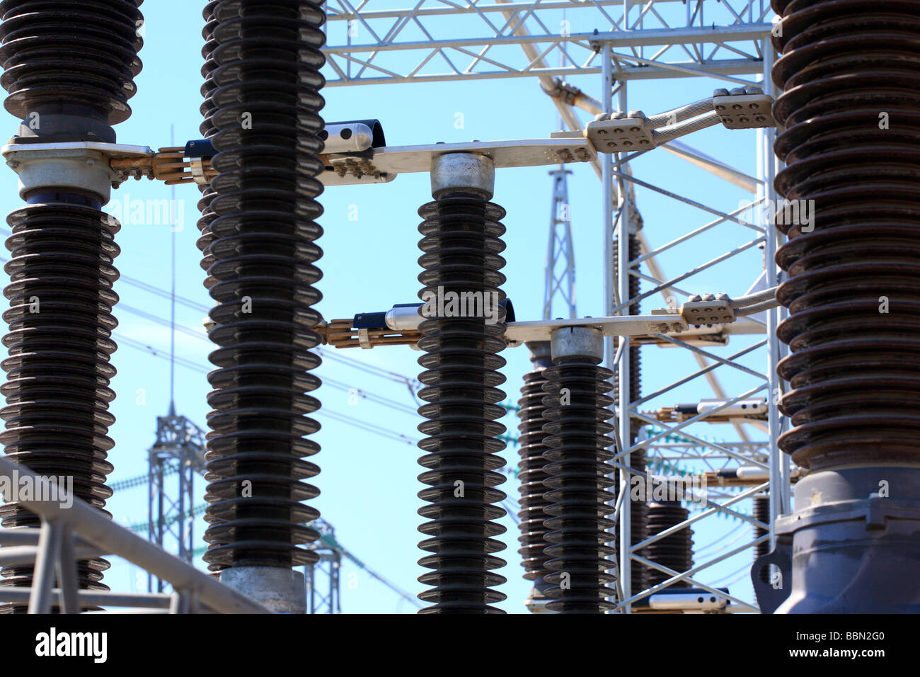 Electric power line substation Stock Photo - Alamy