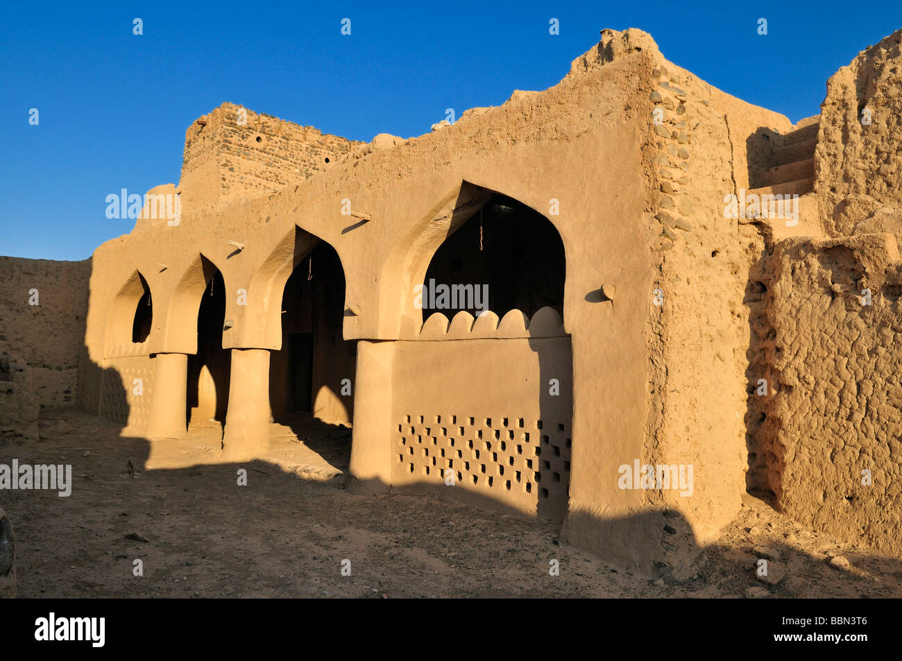Mosque in the historic adobe fortification, old town of Sinaw, Sharqiya ...