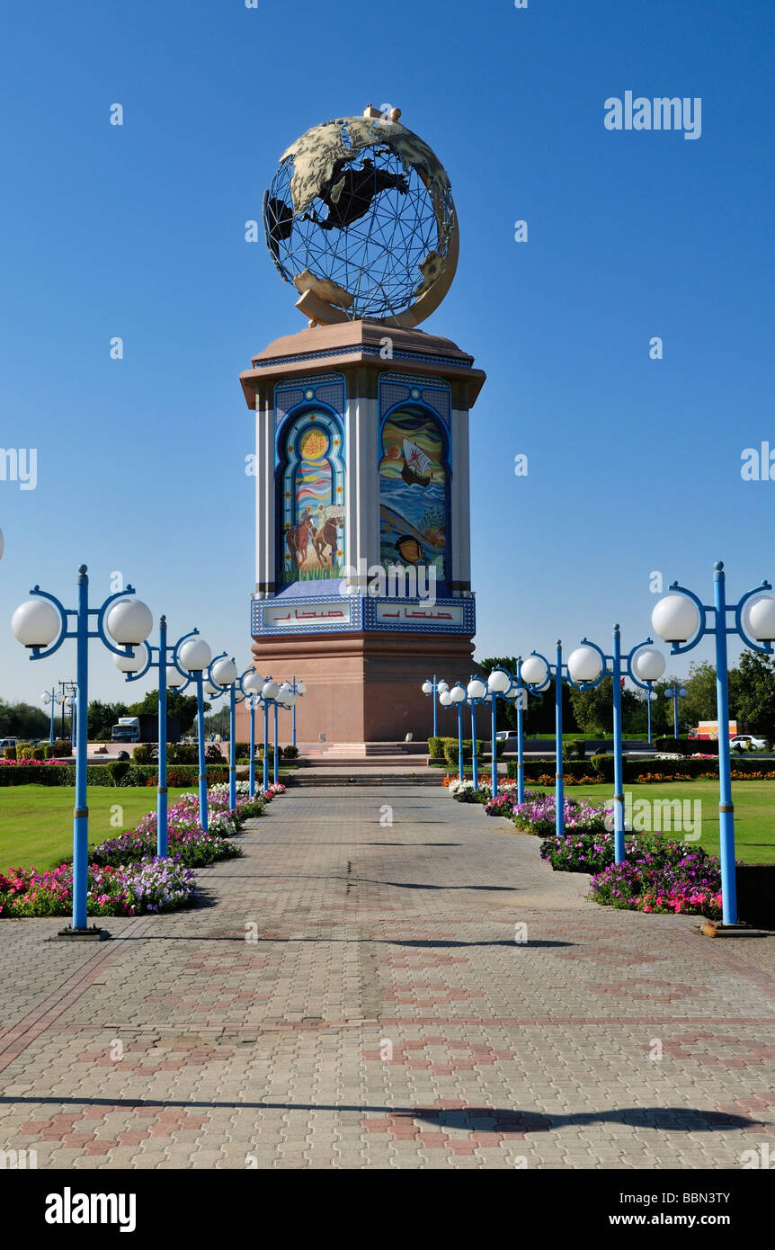 Roundabout beautification with tower and globe, Sohar, Batinah Region ...