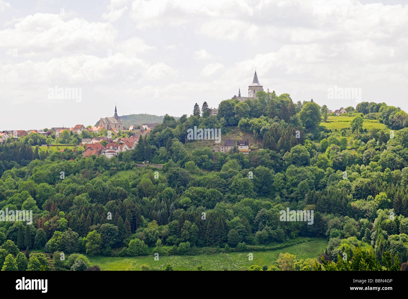 City view, church, Ober Marsberg, Marsberg, Sauerland, North Rhine ...