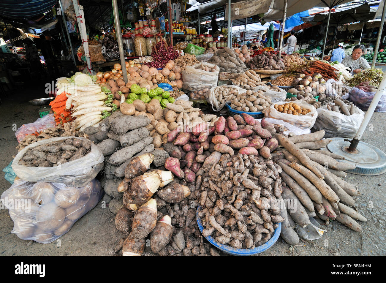 Market stall with different kinds of root vegetables and bulbs, Vinh ...
