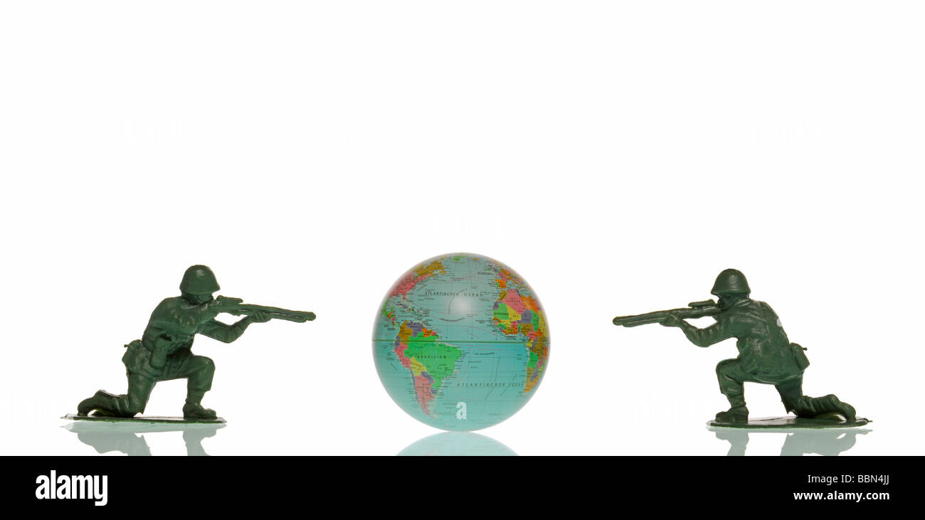 Two soldiers shooting at each other with the Earth in between, symbolic ...