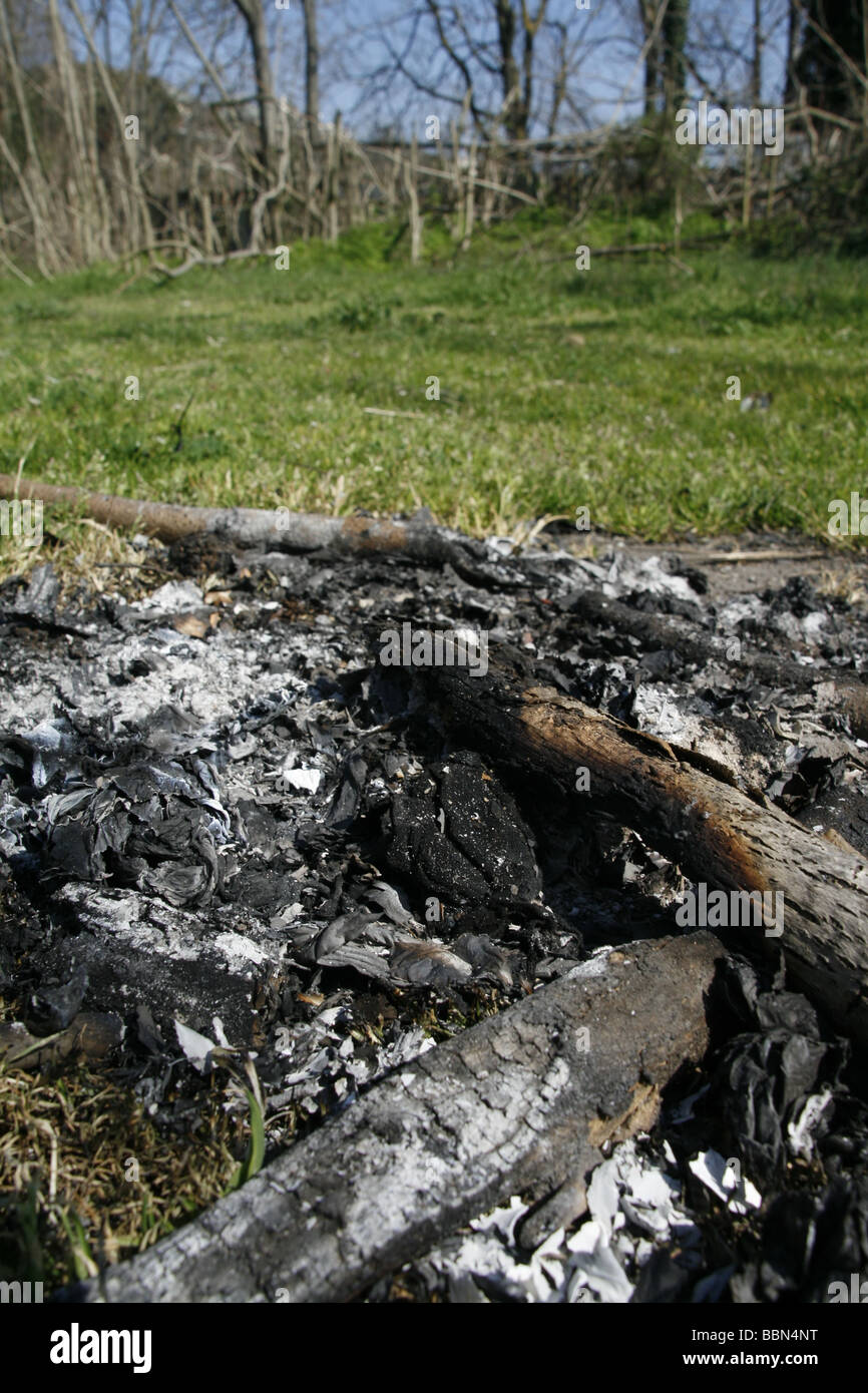 old camp fire in field in woods in countryside Stock Photo - Alamy