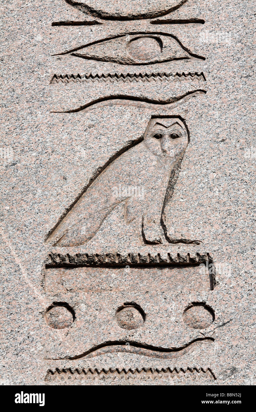 Horus-falcon, hieroglyph relief on the Egyptian obelisk, ancient ...