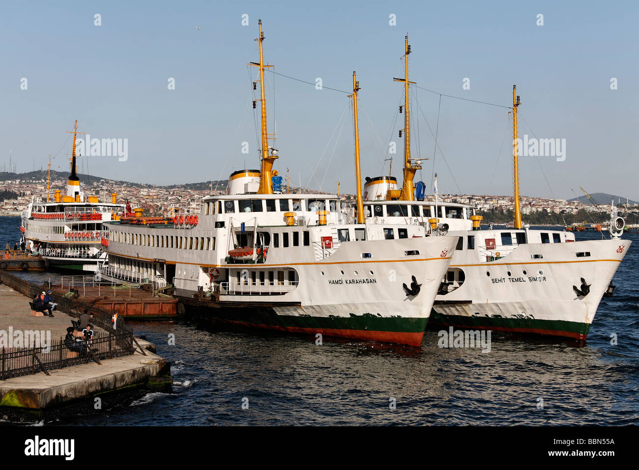 Old ferries at the Karakoey pier, Bosphorus shore, Istanbul, Turkey ...