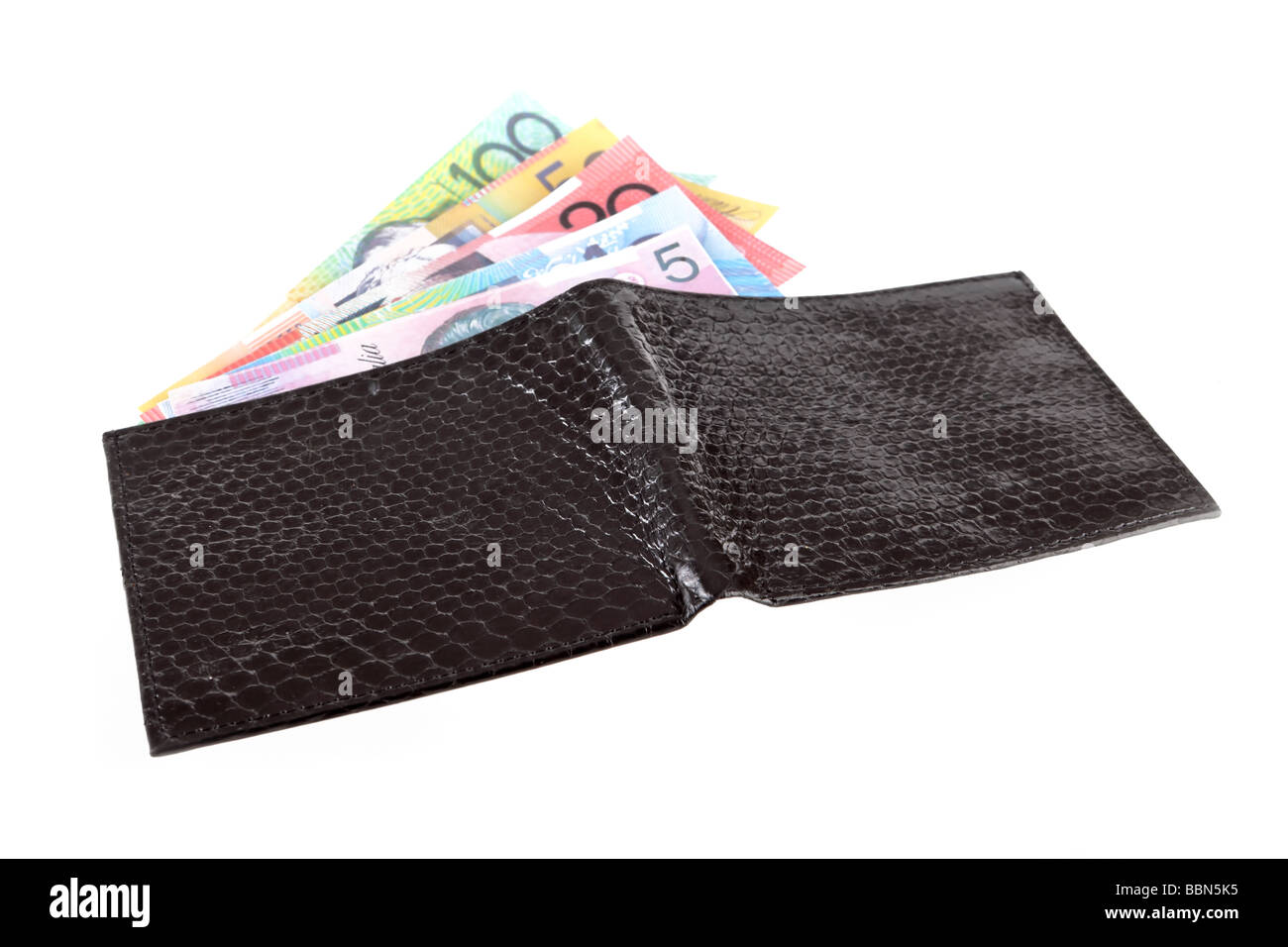 Open black snake skin wallet with Australian note fanned out Stock ...