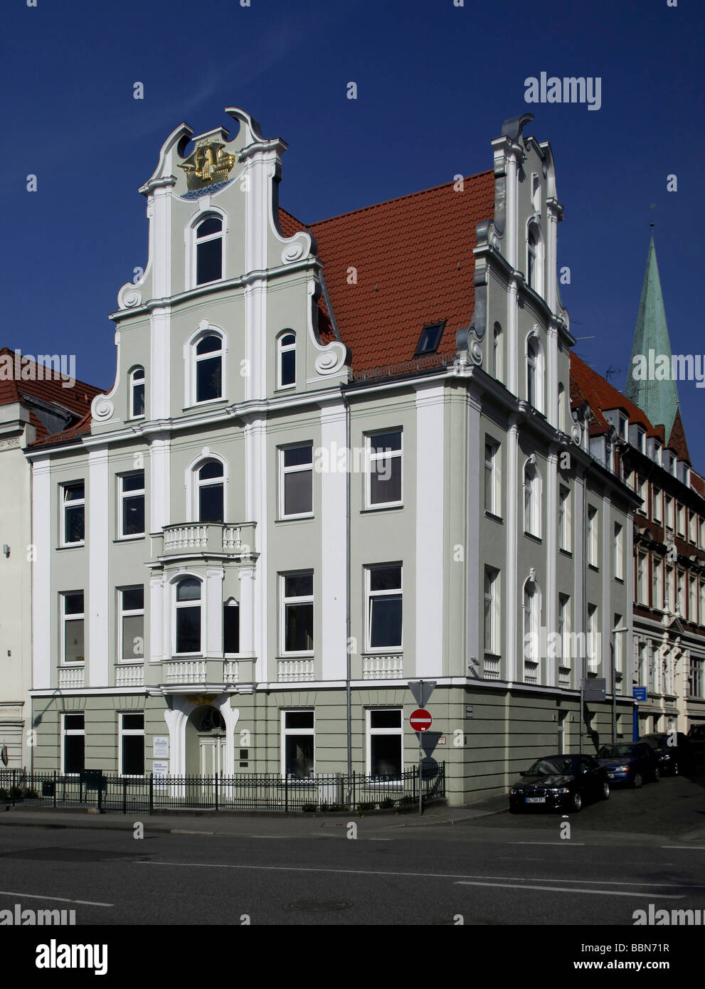 Hanseatic mansion with sail boat as gable decoration, Hanseatic City of ...