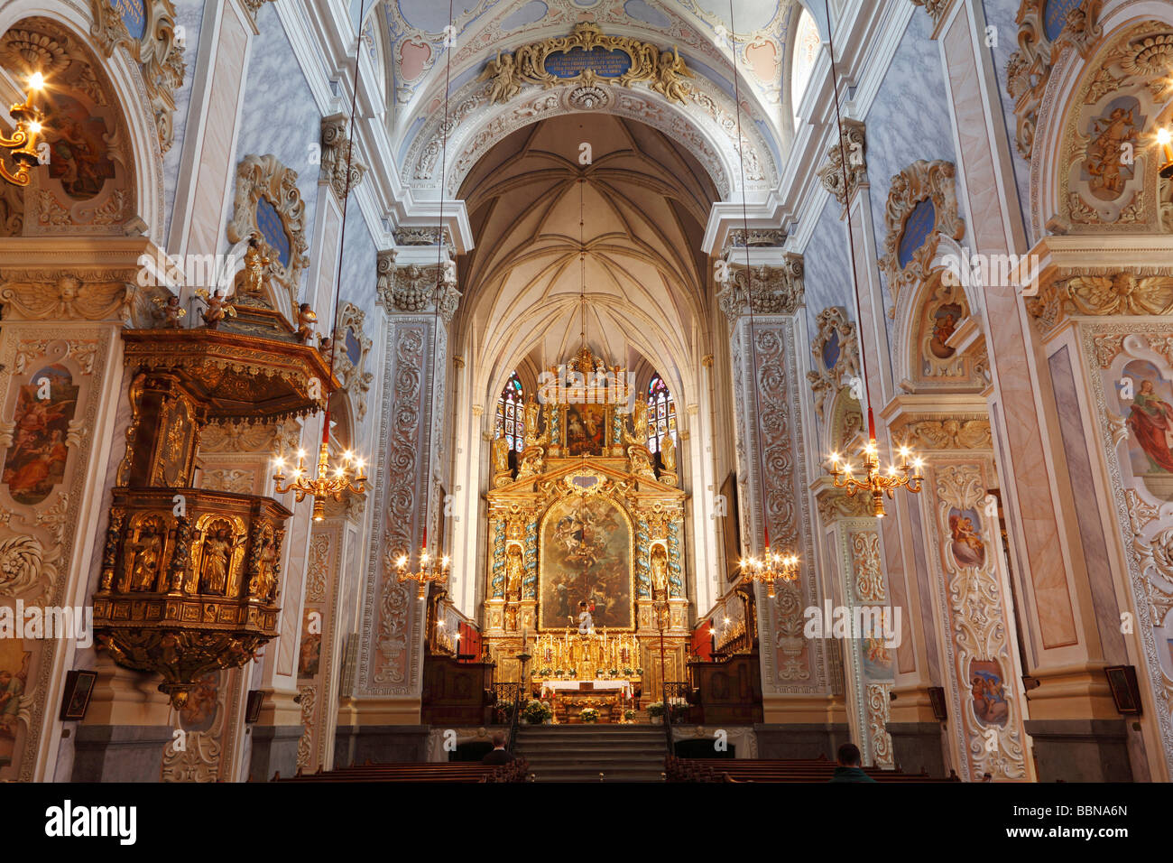 Interior view of church with altar and pulpit, Stift Goettweig ...