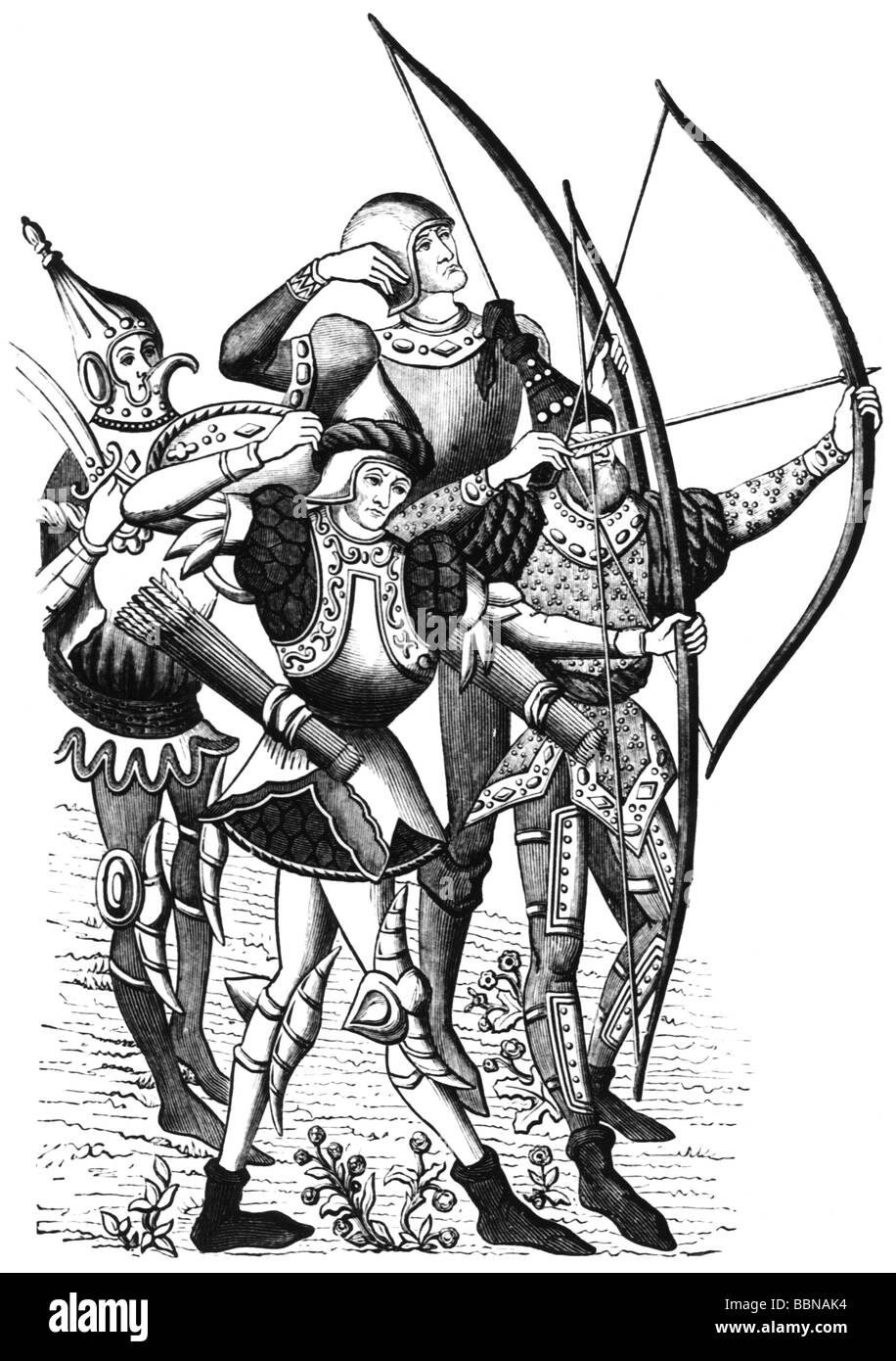 military, middle ages, Franch archers, after miniature, France,15th ...