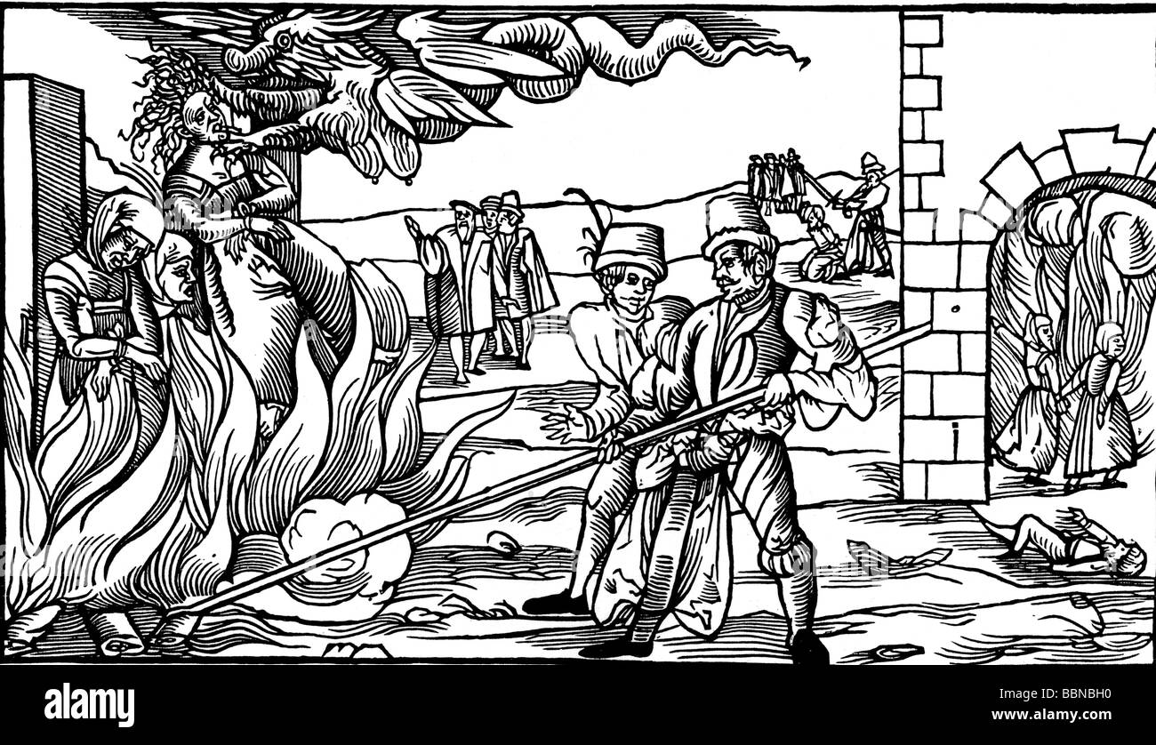 witches, burning of witches, detail from a leaflet, October 1555 ...