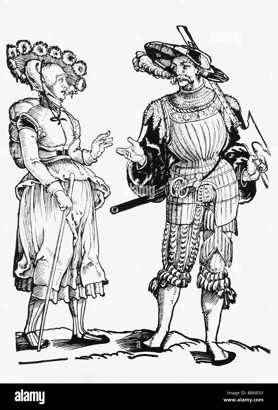 military, Landsknechts, Landsknecht and sutler, woodcut, Germany, 16th ...