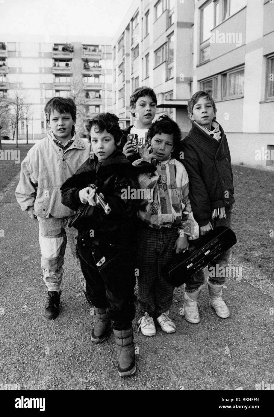 people, children, group, five boys playing outside, Munich, Hasenbergl ...