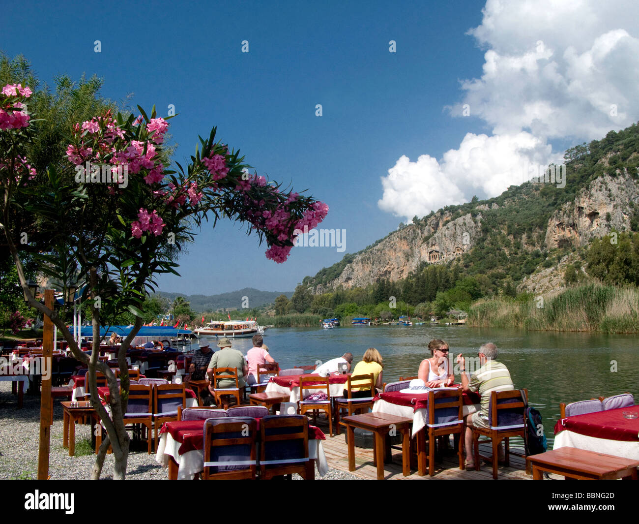 Waterfront restaurant overlooking the Ancient Rock Tombs in Daylan ...