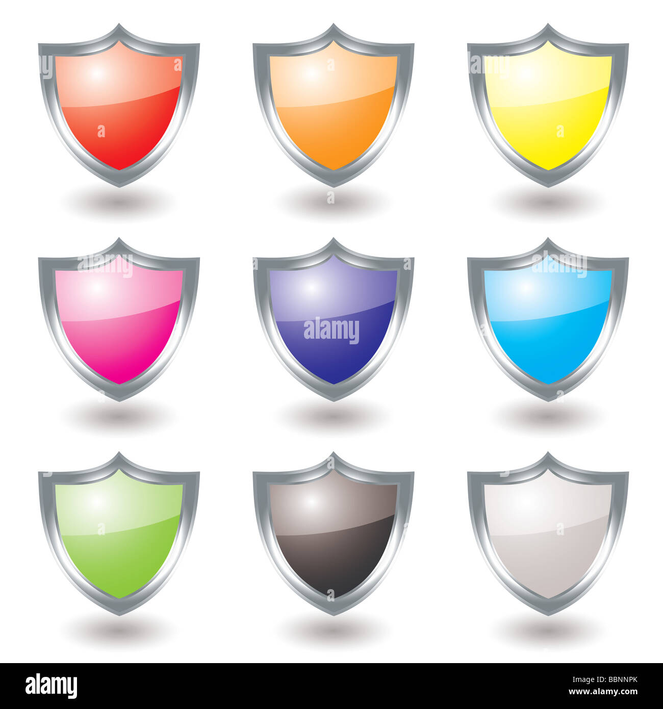 Collection of nine silver shields with color variations and shadow ...