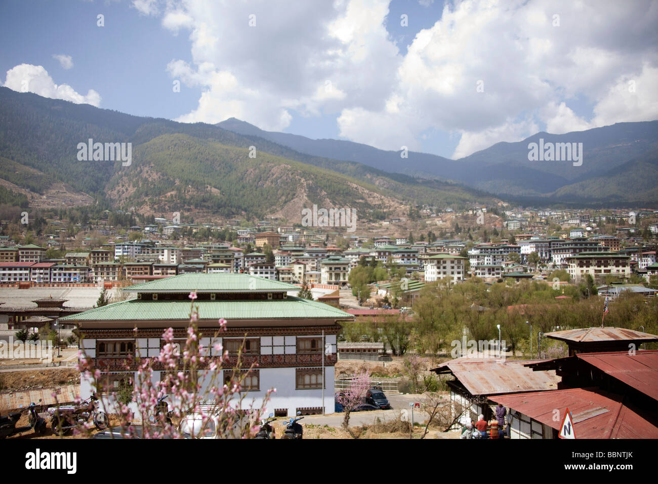General view of Thimphu capital city of Bhutan, sunny spring day, green ...
