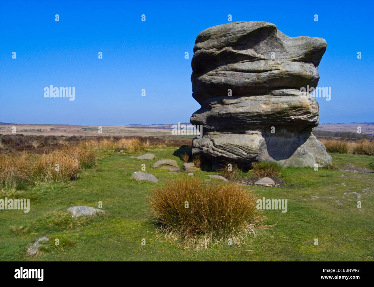 Eagle Stone rock formation on Baslow Edge in the Peak District National ...