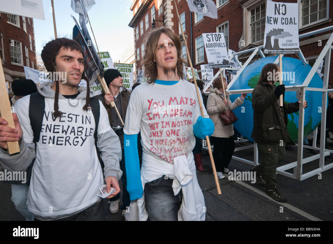 National Climate Change March, London, Dec 6, 2008. Protesters with ...