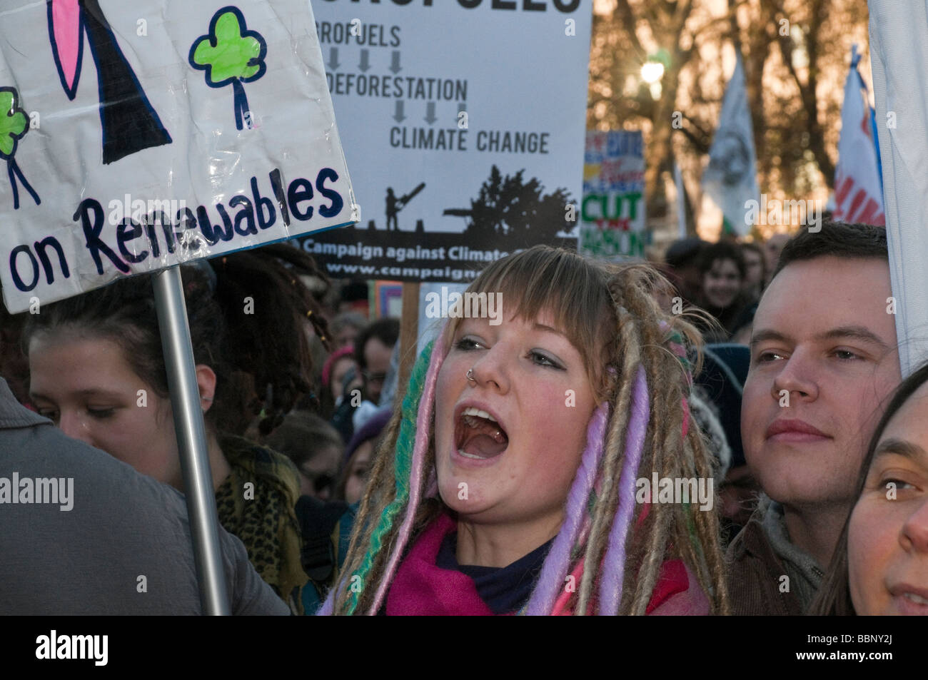 National Climate Change March, London, Dec 6, 2008. Protesters at rally ...